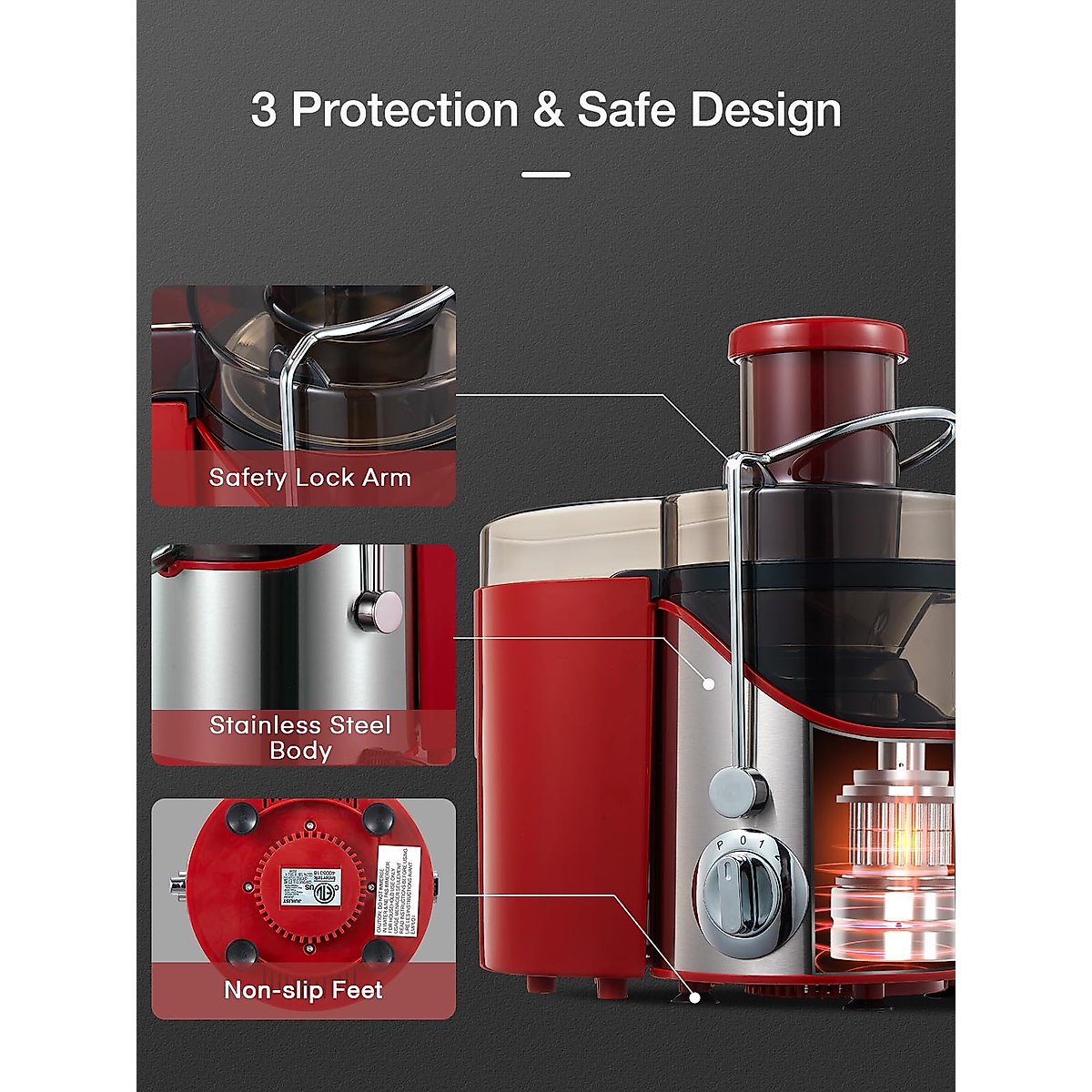 Juicer Machines, Juilist 3" Wide Mouth Juicer Extractor Max Power 800W, for Vegetable and Fruit with 3-Speed Setting, 400W Motor, Easy to Clean, Red