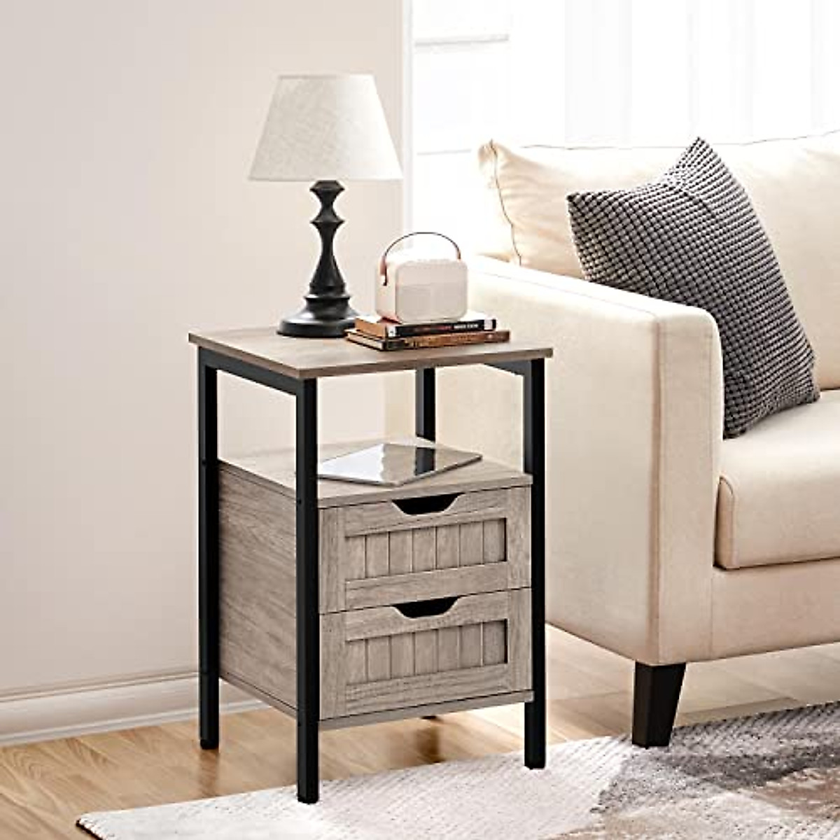 Yaheetech Nightstand with 2 Drawers and Open Shelf, Bedside Table Bedside Cupboard with Adjustable Feet, Wooden Bedside Cabinet Sofa Side Table End Table for Bedroom/Small Space, Gray