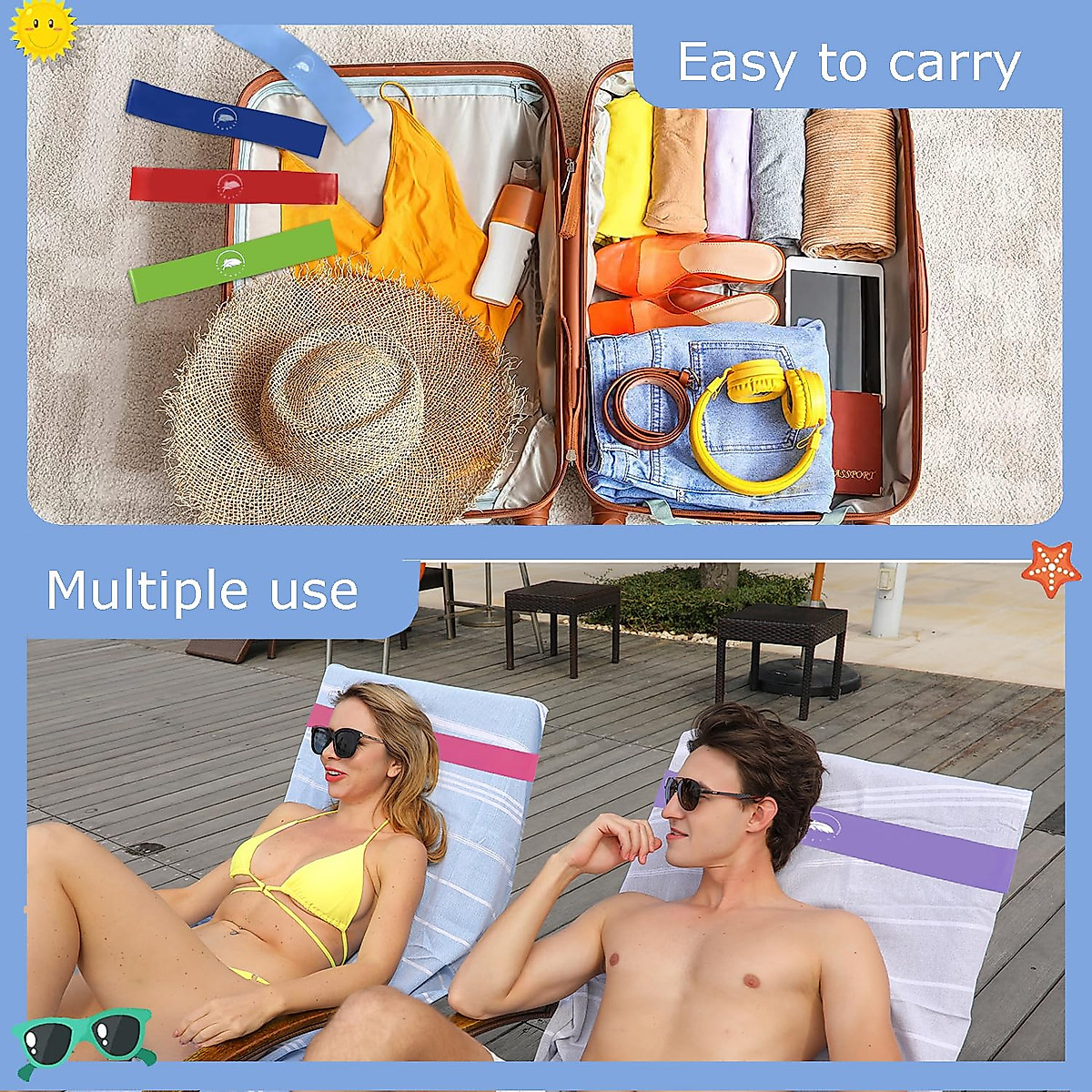 growell Towel Bands (6 Pack) - Stretch Beach Towel Clips for Beach Cruise Pool Chairs, Lounge Towel Holder Elastic, Cruise Ship Essentials (A Mix 6 Colors)