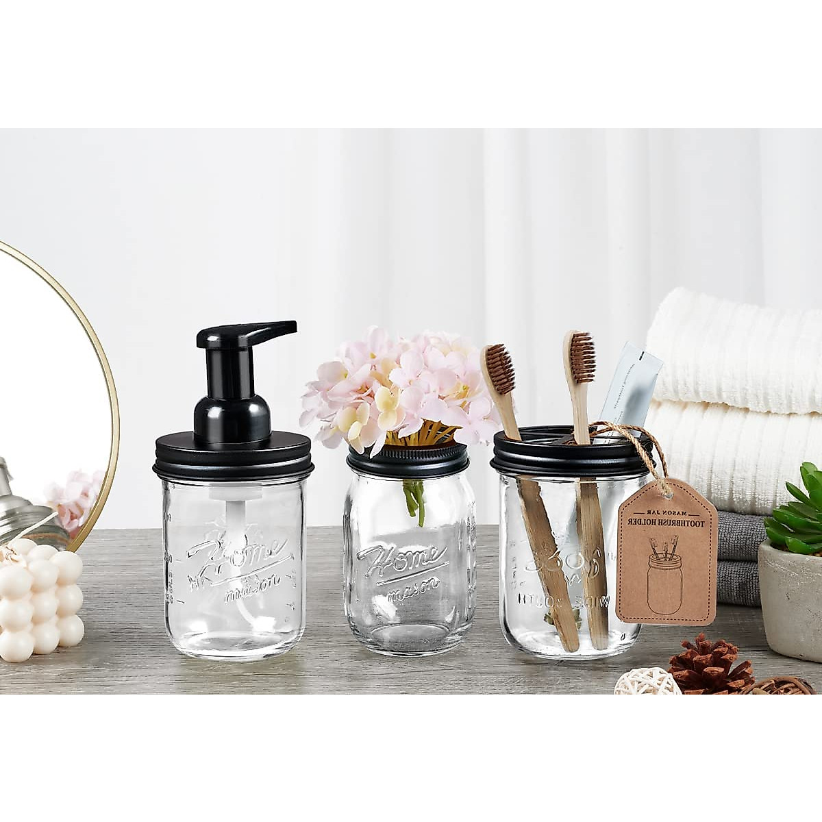 Mason Jar Bathroom Accessories Set - Includes Mason Jar Foaming Hand Soap Dispenser and Toothbrush Holder - Rustic Farmhouse Decor Apothecary Jars Bathroom Countertop and Vanity Organizer (Black)