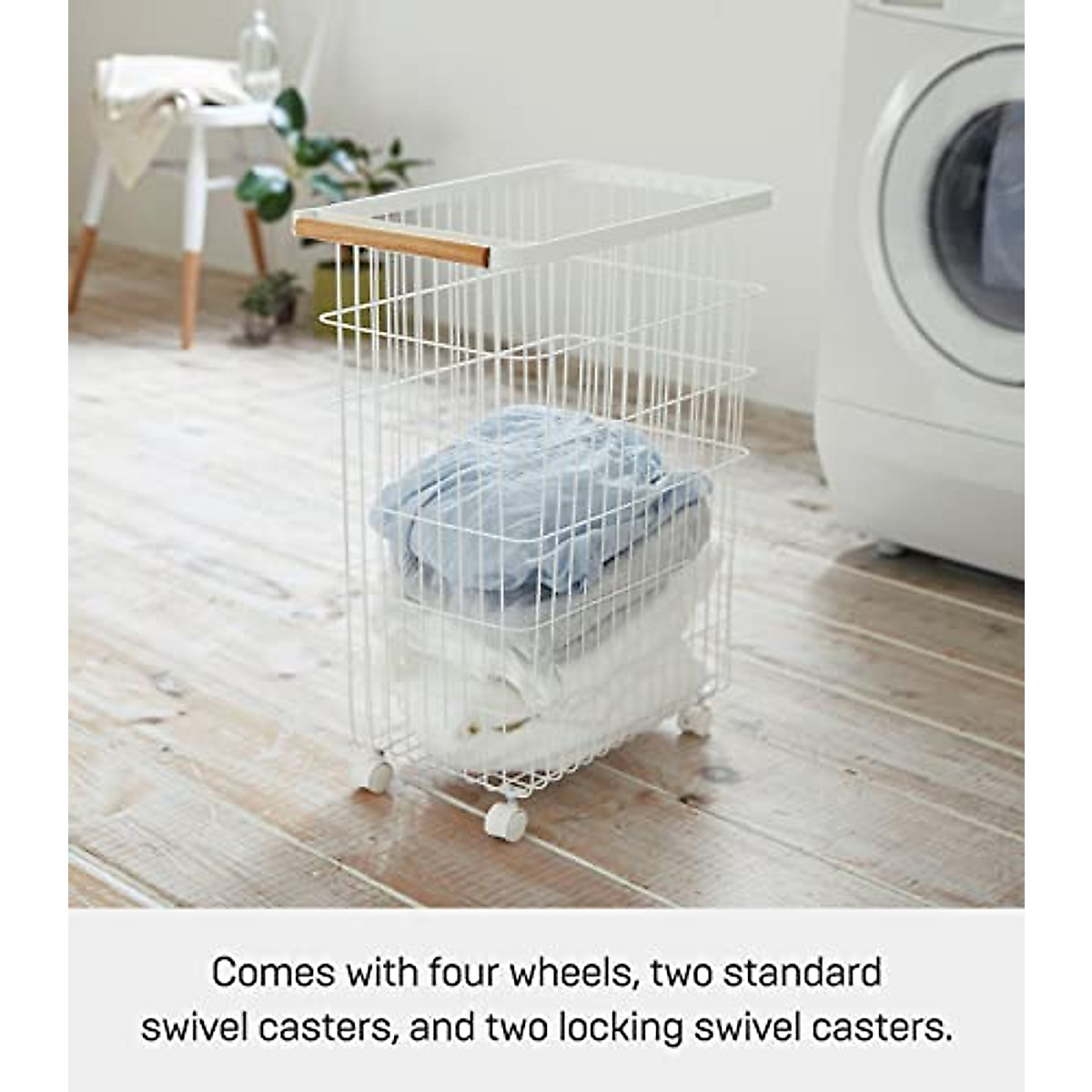 Yamazaki Home Wire Slim Saving Rolling Wheeled Clothing Hamper | Steel + Wood | Laundry Basket, One Size, White