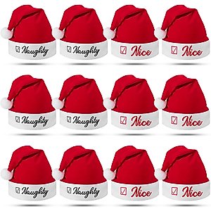 12 Pieces Naughty and Nice Christmas Santa Hats Red Festive Holiday Christmas Hats Funny Santa Gifts Plush Cuff Santa Claus Hats Plush Santa Hat Christmas Party Holiday Supplies Women Men Decorations
