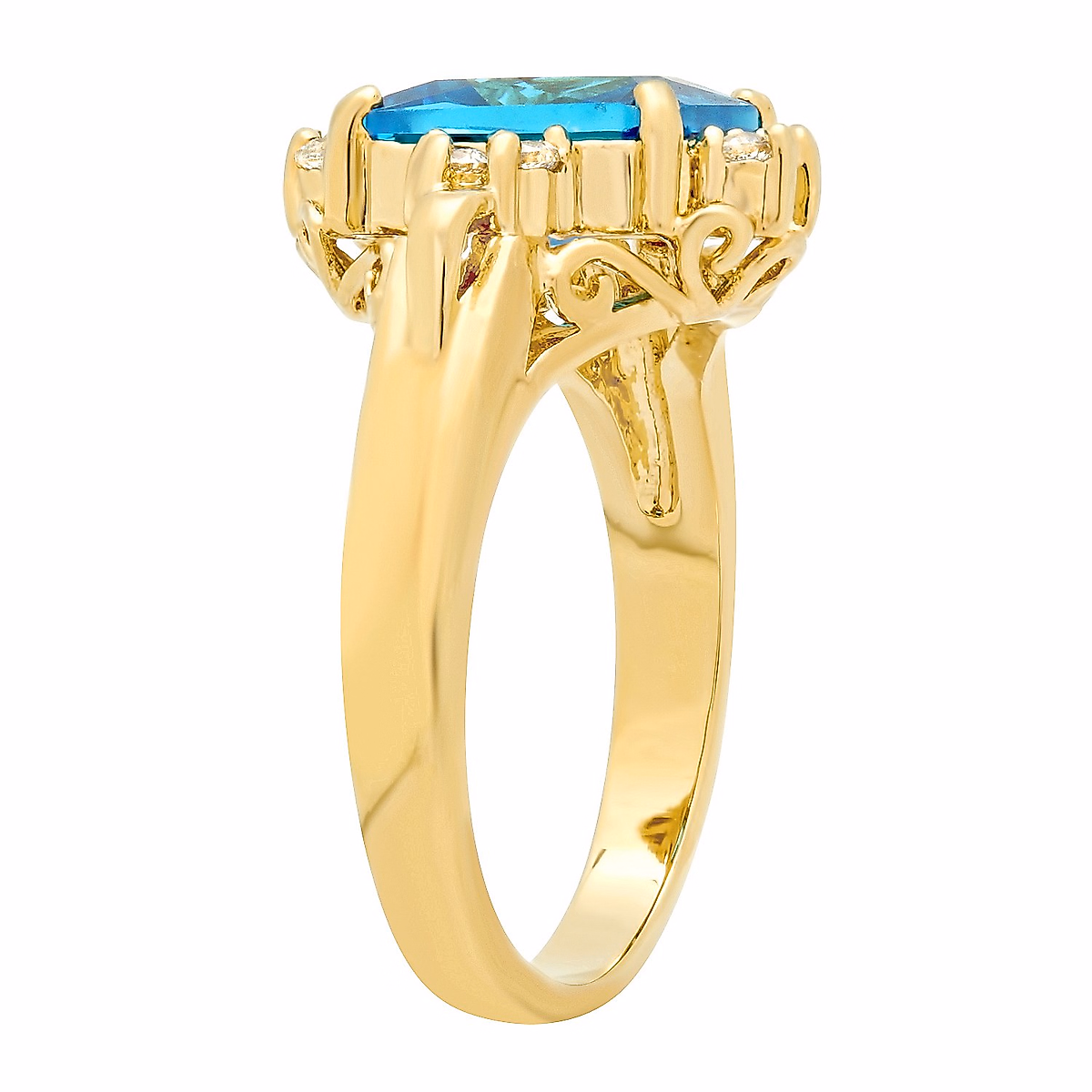 The Bling Factory Gold Plated Blue Emerald-Cut CZ Solitaire Ring w/CZ Accents, Size 8