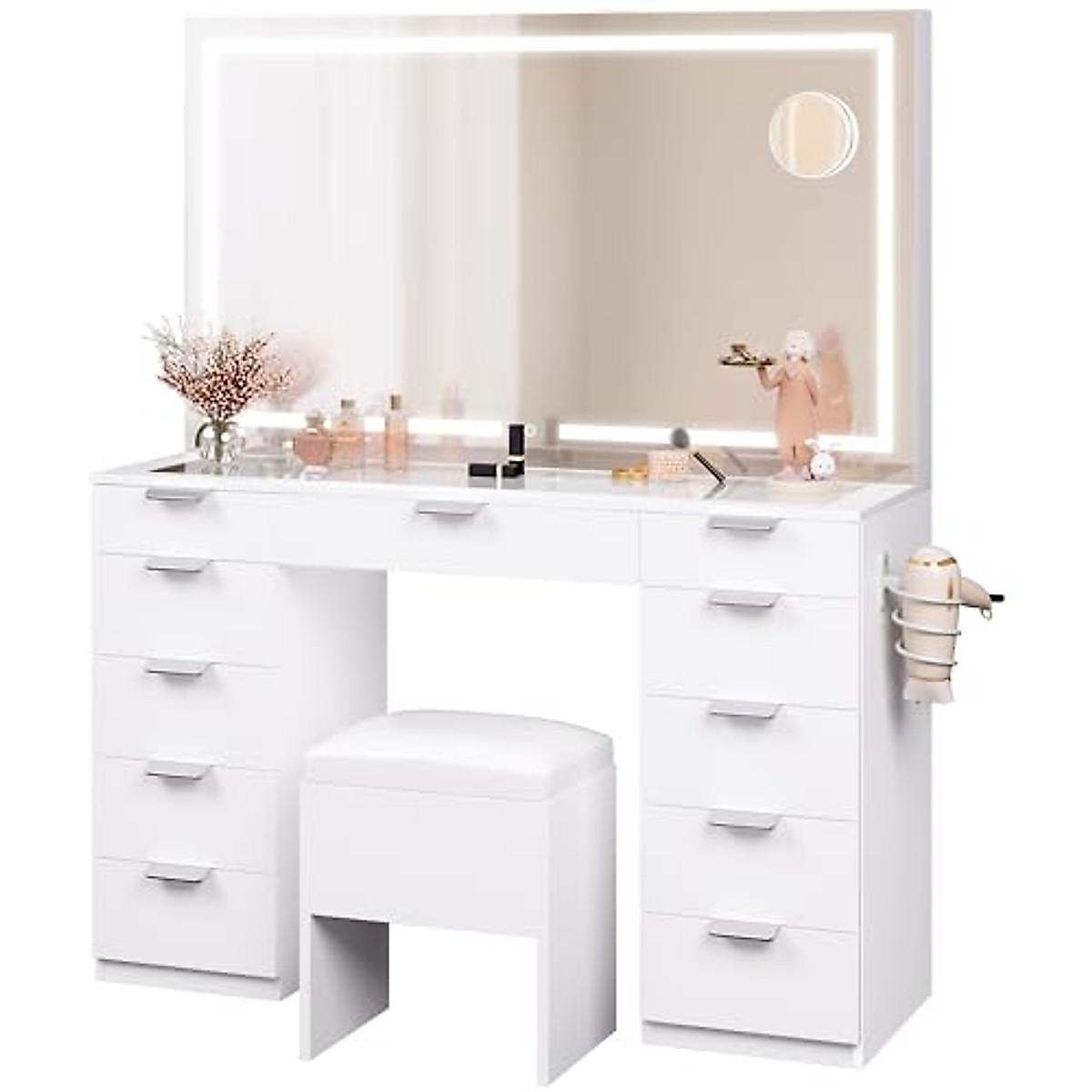 YITAHOME Vanity Desk Set with Large LED Lighted Mirror & Power Outlet, Glass Top Vanity with 11 Drawers and Magnifying Glass, 46'' Large Makeup Vanity with Storage Bench, White Vanity for Bedroom