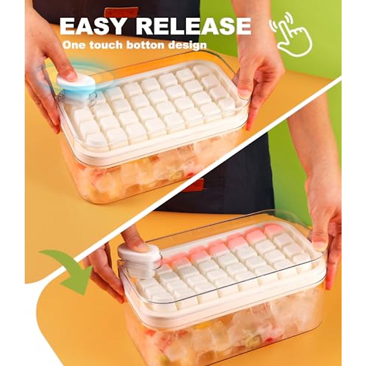 Ice Cube Trays with LId and Bin, Easy Release Ice Trays for Freezer, 2 Pack Ice Cube Molds, 64 Pcs Ice Cube Tray, Large Capacity Ice Tray Holder, Includes Ice Tong, Ice Spoon, for Whiskey, Cocktail.