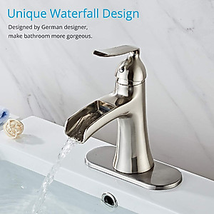 Wovier Brushed Nickel Waterfall Bathroom Sink Faucet with Cover Plate,Single Handle Single Hole Brass Lavatory Vanity Faucet,Basin Mixer Taps with Supply Hose and Pop Up Drain Assembly
