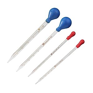 Luckkyme 4pcs Thick Glass Graduated Dropper Pipettes and Liquid Pipettors with Scale Line Silicone Rubber Caps 1ml 2ml 5ml 10ml