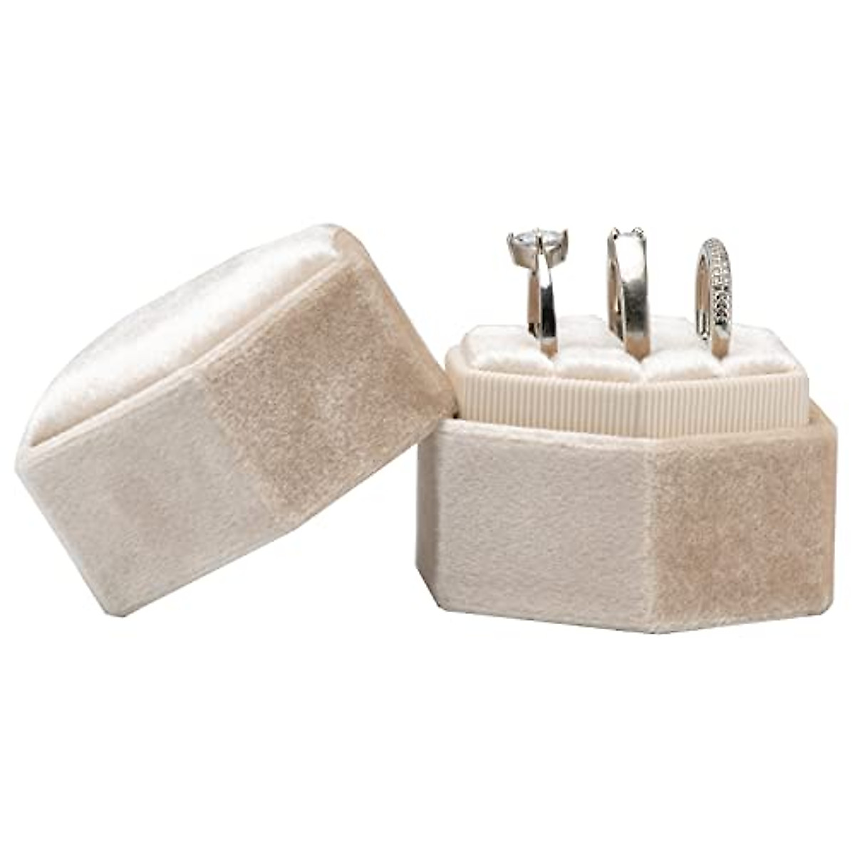 Giftop Equal Hexagon Velvet Ring Box Storage 3 Slots for Wedding Ceremony Proposal Engagement Birthday (Beige)