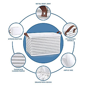 Large Storage Basket organizer Fabric Storage Bin for shelf Closet Organizer Bin Collapsible Storage Box with PU Leather Handles and Drawstring Closure (Waterproof Lining, Grey Stripe)