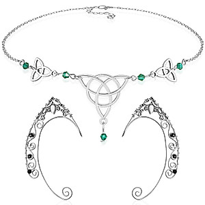 Boho Head Chain Elf Ear Cuffs Elf Fairy Earrings Jewelry Crystal Hair Chain Renaissance Headpiece Irish Headpieces Elven Ear Cuffs Clip on Filigree Earrings for Women Halloween Cosplay Costume