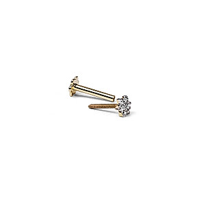 Demira Jewels Natural Diamond 14k Yellow Gold Flower Nose Lip Labret Monroe Ring Stud Screw with 8 mm long and 16 gauge thick post