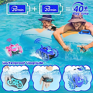 Axirata Amphibious RC Car with Lights for Kids 3-12 Year Old Boys Toy Gesture Hand Remote Control Boat 4WD 2.4GHz Waterproof RC Stunt Car 360° Rotating Water Beach Pool Toys Gift for Boys Girls