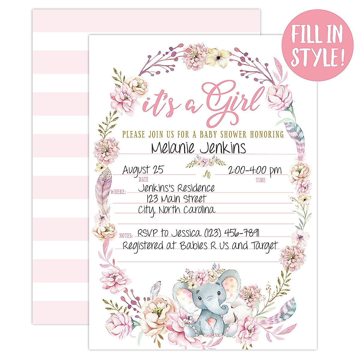 Elephant Baby Shower Invitation - Girl Pink Elephant Baby Shower - Jungle Baby Girl Shower Invite - It's a Girl - Baby Sprinkle Invite - 20 Fill-In Invitations - Envelopes Not Included