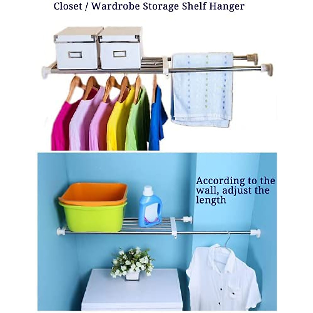 BAOYOUNI Expandable Closet Tension Shelf Storage Rack Heavy Duty Stainless Steel Adjustable Metal Organizer for Wardrobe, Cupboard, Kitchen, Bathroom Use, 19.68-31.49 Inch