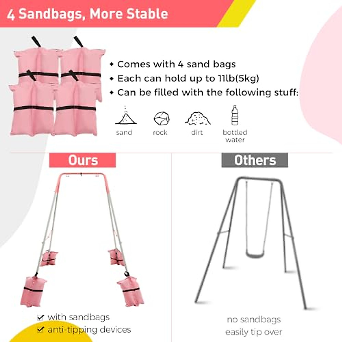 FUNLIO Foldable Swing Stand for Kids with 4 Sandbags, Heavy Duty Metal A-Frame Indoor/Outdoor for Backyard, Suitable Most Toddler/Baby Jumper/Hammock Chair - Pink