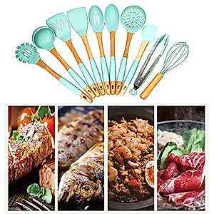RANIT 10 pieces of silicone kitchenware Set,Wooden handle Non-stick pot cooking tool set,Kitchen Utensils Household Cooking Spoon Shovel Kitchenware Set (Green)
