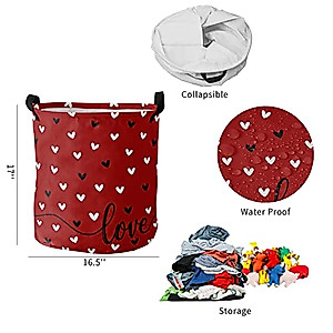 Laundry Baskets with Handles Love Heart Valentine's Day Waterproof Freestanding Laundry Hamper, Round Collapsible Hampers for Bedroom, Laundry, Clothes, Toys Red Black White 16.5x17inch