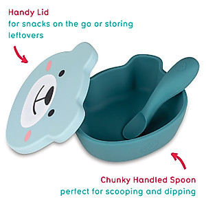 TUM TUM Suction Bowl for Baby, Toddler Bowl with Lid & Spoon, for Babies & Toddlers 6 Months+, BPA Free Silicone Baby Feeding Set, Microwave/Dishwasher/Freezer Safe, Boris Bear, Blue