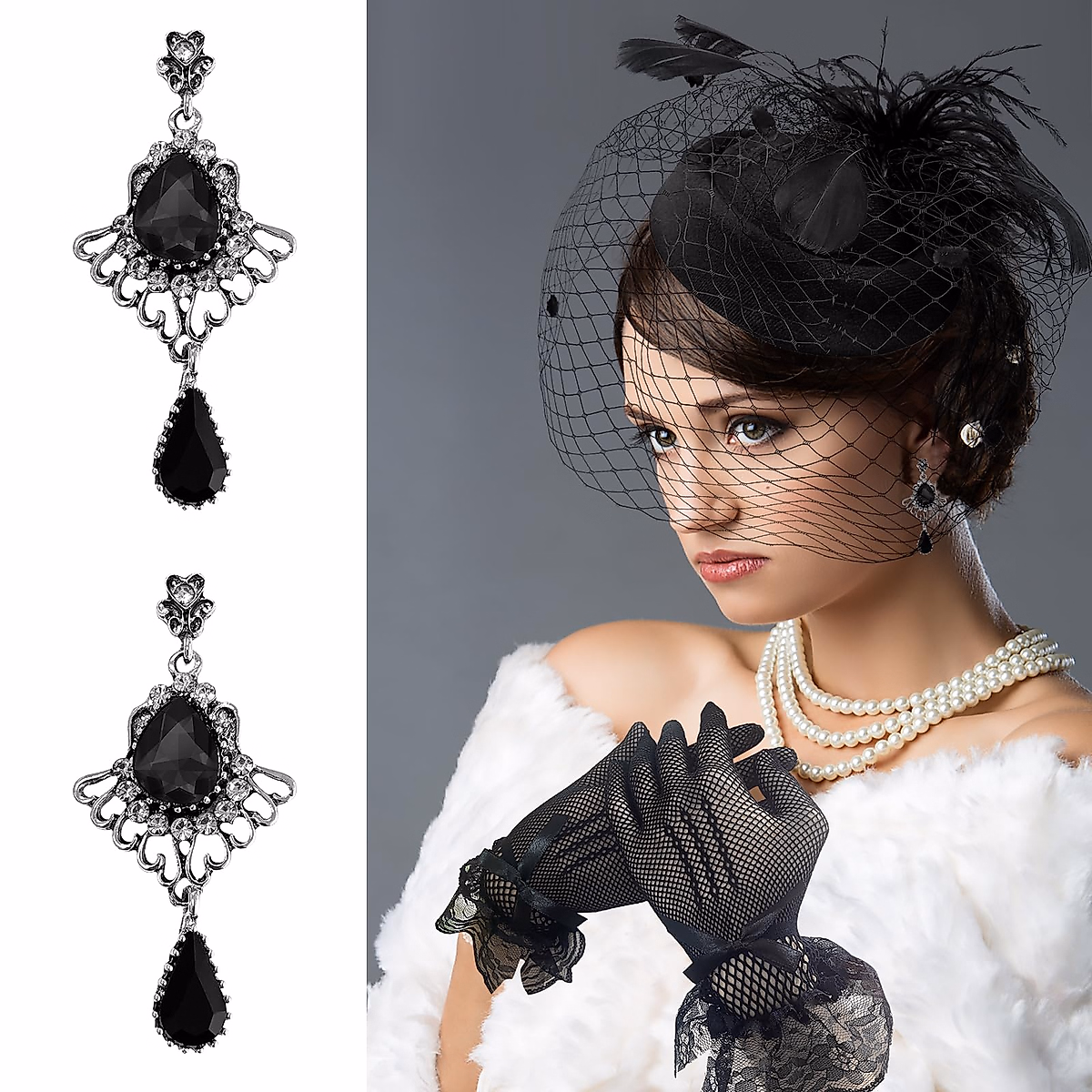 Black Vintage Feather Fascinators Hats Pillbox Hat Set 20s 50s Top Hat Lace Gloves Pearl Jewelry Set for Women Halloween Cocktail Tea Party Wedding