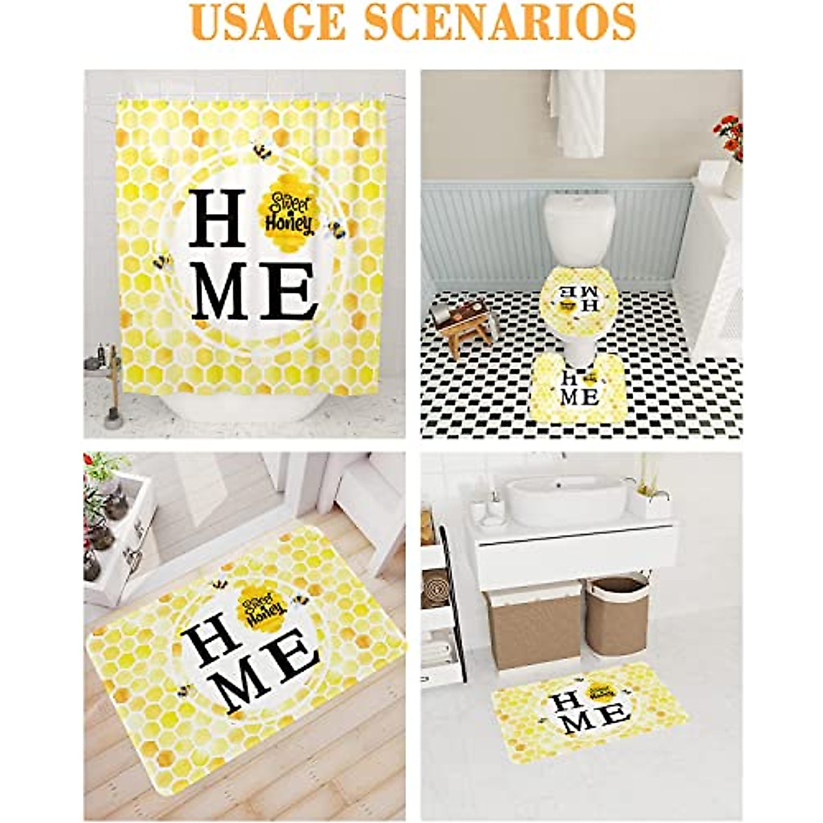 Honeycomb 4 Pieces Shower Curtain Sets with Non Slip Rugs Toilet Lid Cover and Bath Mat, Yellow Honeycomb with Bee Watercolor Bathroom Decor Set with 12 Hooks, 72" x 72"