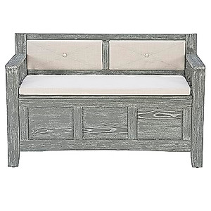 Linon Weathered Grey Carlton Storage Bench with Beige Upholstered Back and Cushioned Seat