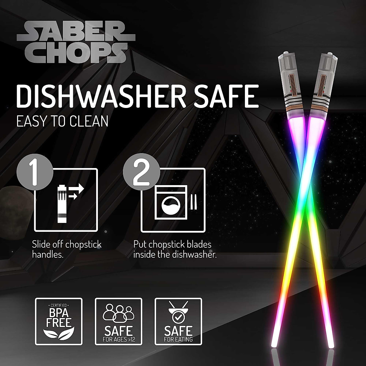 LIGHTSABER CHOPSTICKS LIGHT UP STAR WARS CHOPSTICK LED Glowing Light Saber Chop Sticks REUSABLE Sushi Sabers Cool Fun Geeky STARWARS Chop Stick Set 2 PAIRS | FREE Keychain Soft Carry Pouch | Gift Box