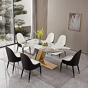 HomSof 71" Contemporary Dining Table Sintered Stone Z Shape Pedestal Base in Gold Finish with 6 pcs Chairs,Gold+White+Black