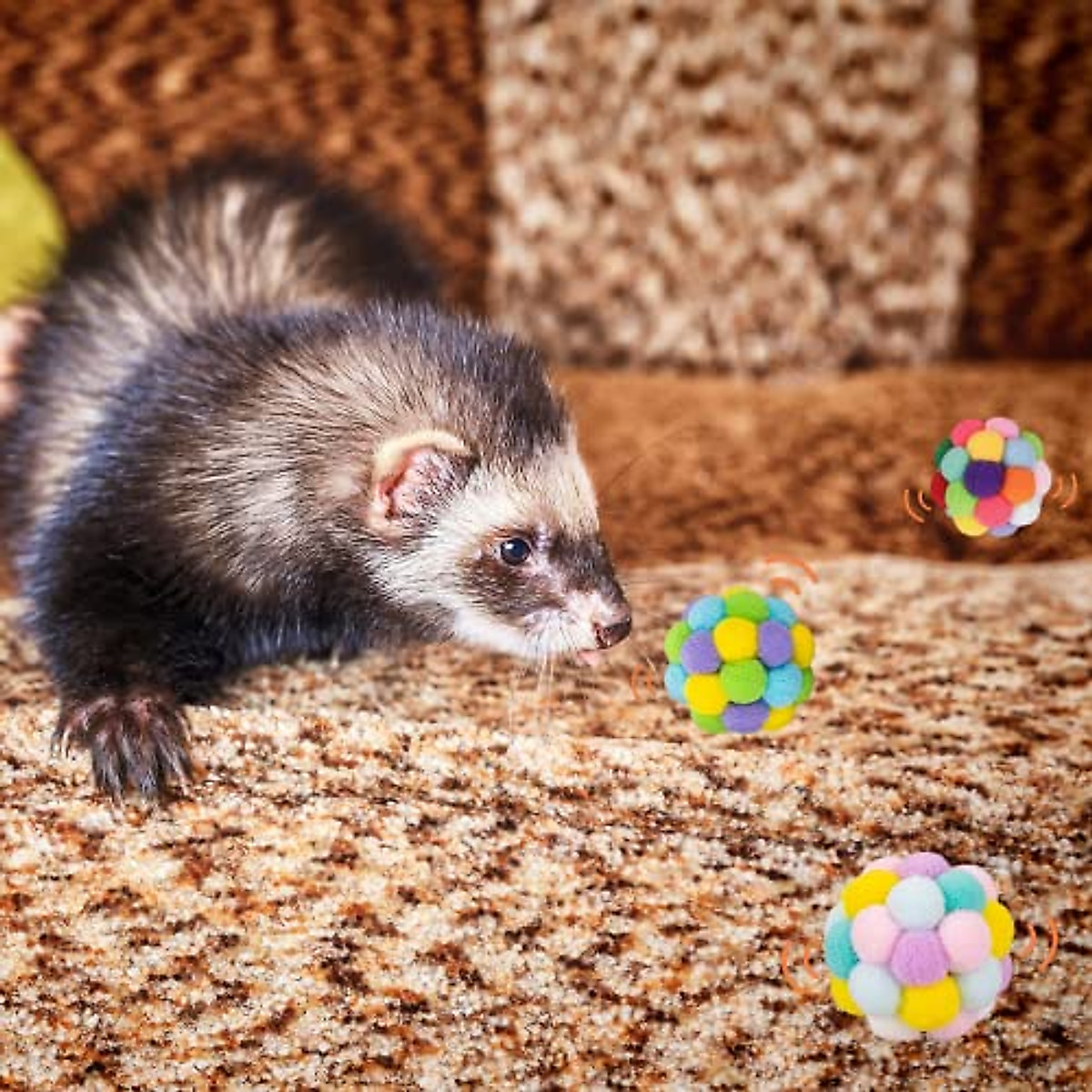 HAICHEN TEC Ferret Toys Ball Set Woolen Yarn Cats Balls with Built-in Bell Soft Colorful Pompom Balls Interactive Sound Toy Exercise Scratch Play Chew Toys for Indoor Pet Cat Kitten (6 Pack)