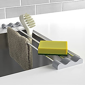 Tomorotec Rack for Sponge Dish Rags Bottles Brushes Kitchen Sink Accessories Over the Sink Adjustable Dishcloth Holder Heat-Resistant Sink Rack Multifunctional Stainless-Steel Silicone Slim Expandable