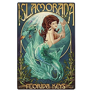 Lantern Press 6x9 Inch Wood Sign, Ready to Hang Wall Decor, Islamorada, Florida Keys, Mermaid