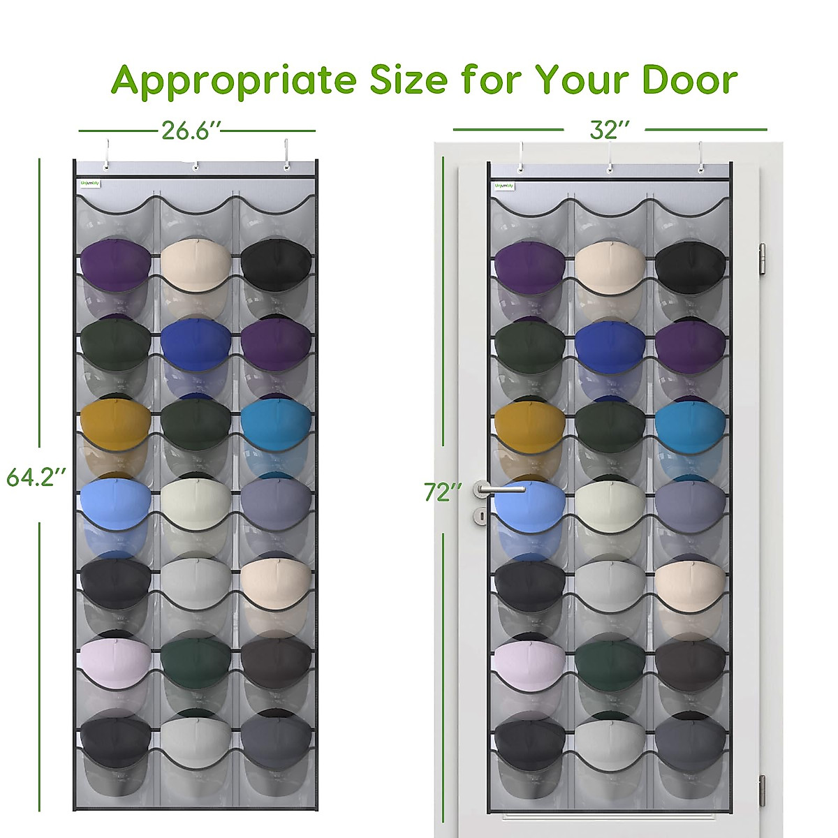 Unjumbly Baseball Hat Rack, 24 Pocket Over-The-Door Cap Organizer with Clear Deep Pockets to Protect, Store and Display Your Baseball Caps Collection, Complete with Over Door Hooks