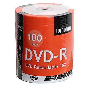 Windata DVD-R Discs 100 Pack 16x 4.7GB/120 Minute Blank Data Recordable Media - 100-Pack Shrink Wrap NO Spindle NO Cake Box Package