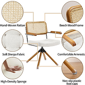 Art Leon Rattan Desk Chair, Mid Century Modern Swivel Accent Chair No Wheels, Fabric Upholstered Office Chair with Wood Legs, Armchair with Rattan Back for Home Office Living Room Bedroom, Off White