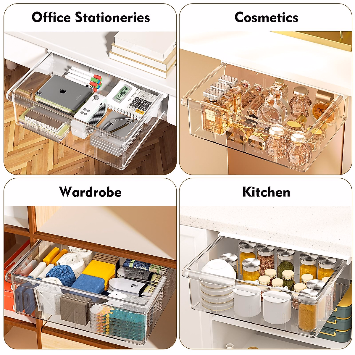 3 Pack Under Desk Drawer Organizer, Slide Out Desk Drawer, Clear Plastic Drawer Under Desk for Office, School, Home, Hidden Desktop Organizer Pen Holder for Desk Self-Adhesive (Clear, 3 Size)