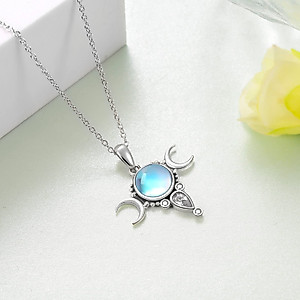Moonstone Triple Moon Goddess Pendant Necklace Amulet Pentagram for Women Sterling Silver Wiccan Pagan Jewelry Gifts