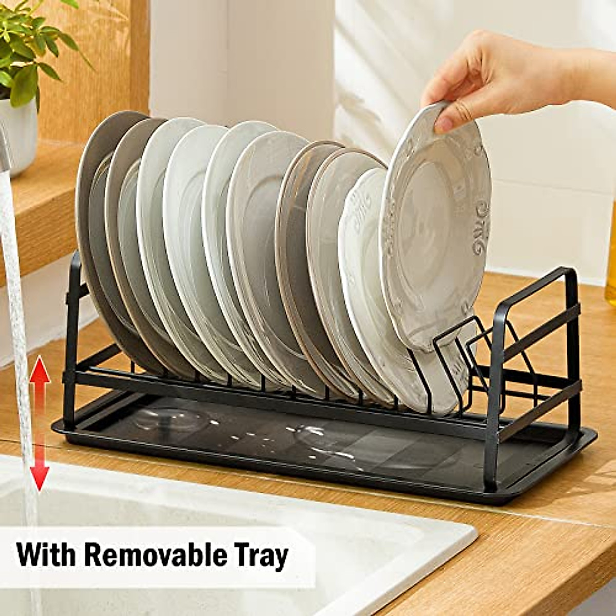 Poeland Dish Drying Rack with Drain Pan, Plate Pot Lid Holder and Dish Drainer for Kitchen Counter Cabinet