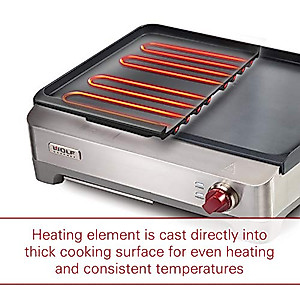 Wolf Gourmet Precision Electric Griddle, Indoor Grill, 200 sq. in, Nonstick Coating, Advanced Temperature Control, Stainless Steel, Red Knob (WGGR100S)