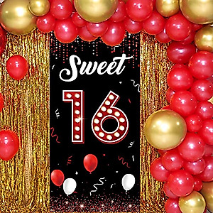 Sweet 16 Birthday Backdrop Door Banner, 16th Birthday Decorations for Girls Red and Black, Sweet Sixteen Birthday Photo Props, 16 Birthday Party Yard Sign for Outdoor Indoor Sturdy Fabric Vicycaty