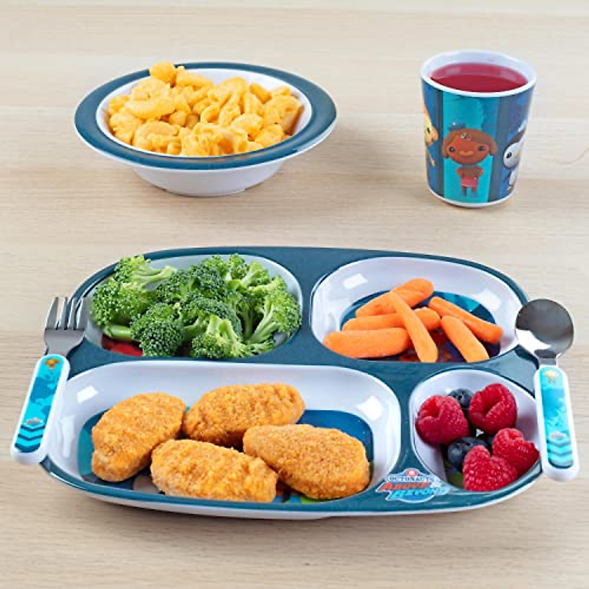 Octonauts 5 Pcs Mealtime Divided Plate Feeding Set for Kids & Toddlers-Explorer- Includes Multi-Compartment Plate, Bowl, Cup, Fork & Spoon Utensils-Durable, Dishwasher Safe, BPA Free