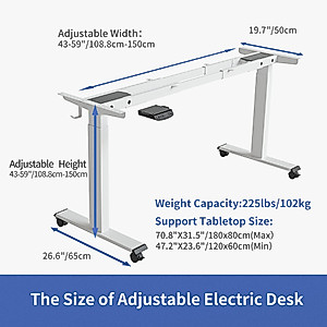 FEZIBO Dual Motor Height Adjustable Standing Desk Legs, Electric Desk Frame for 43 Inches to 59 Inches Desk Tops, Home Office Sit Stand Desk Base, White (Frame Only)