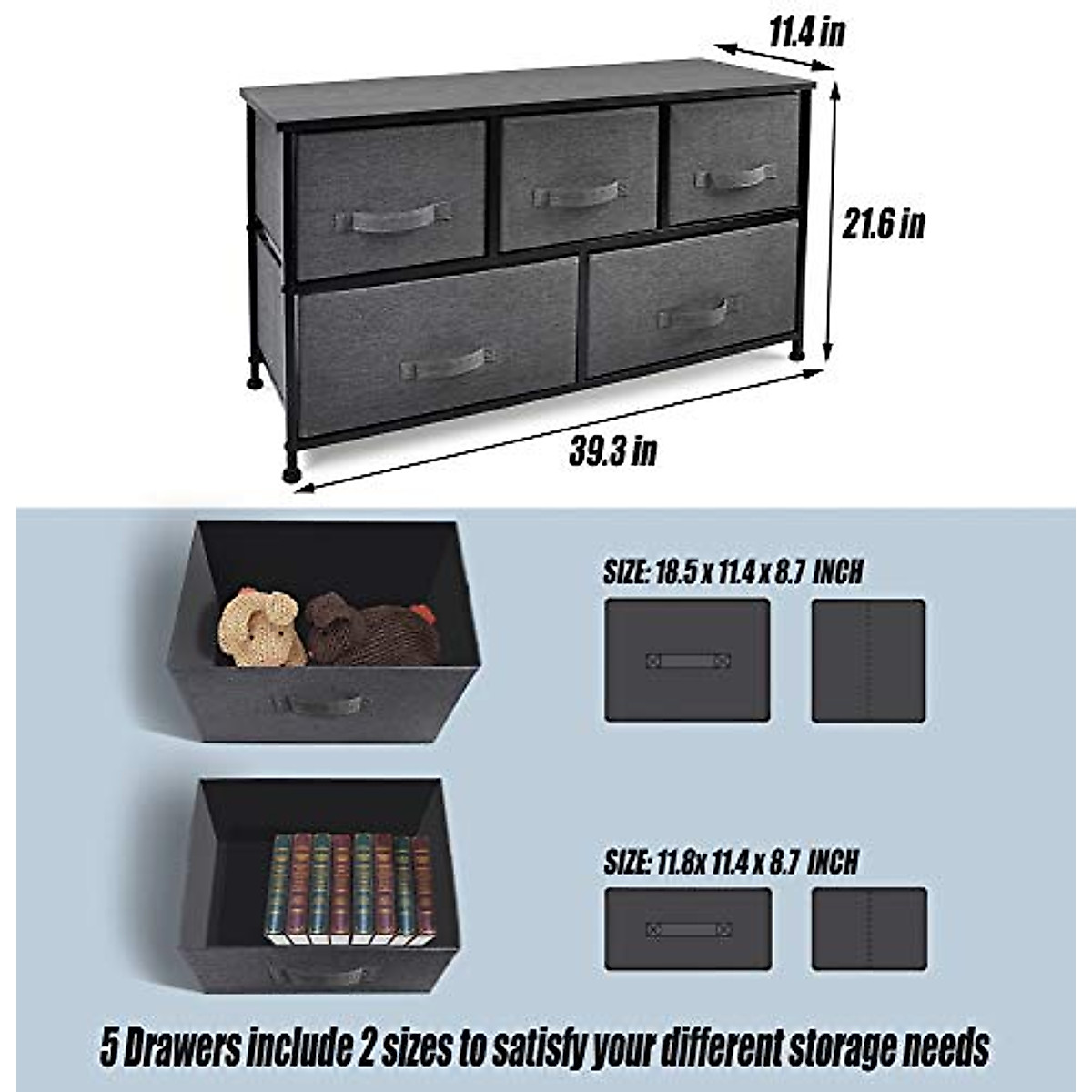 Bigroof Drawer Dresser, Organizer Storage for Bedroom Hallway Closet Office, Steel Frame, Wood Top, Easy Pull Fabric Bins (Dark Grey)