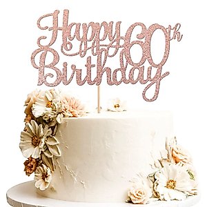 1 PCS Happy 60th Birthday Cake Topper Glitter Cheers to 60 Years Birthday Cake Pick 60 Fabulous Cake Decoration for Happy 60th Birthday Anniversary Party Decorations Supplies Rose Gold