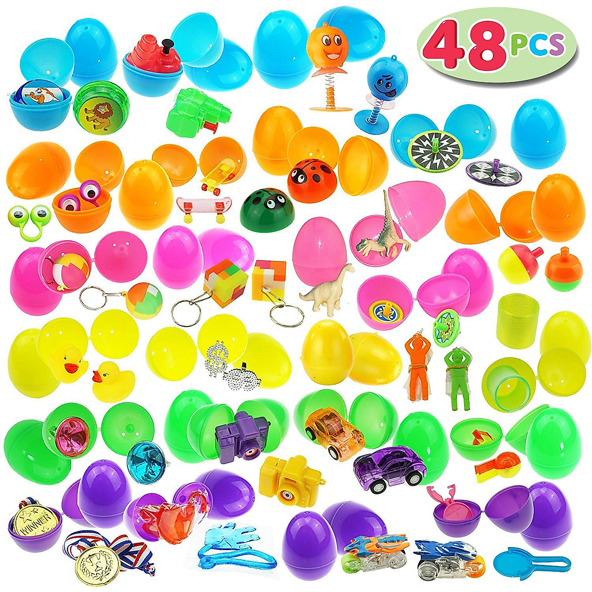 JOYIN 48Pcs Easter Eggs with Toys Inside, Prefilled Easter Eggs with Popular Assorted Toys for Kids Boys Girls, Easter Party Favors Easter Eggs Hunt, Basket Stuffers Filler, Classroom Exchange