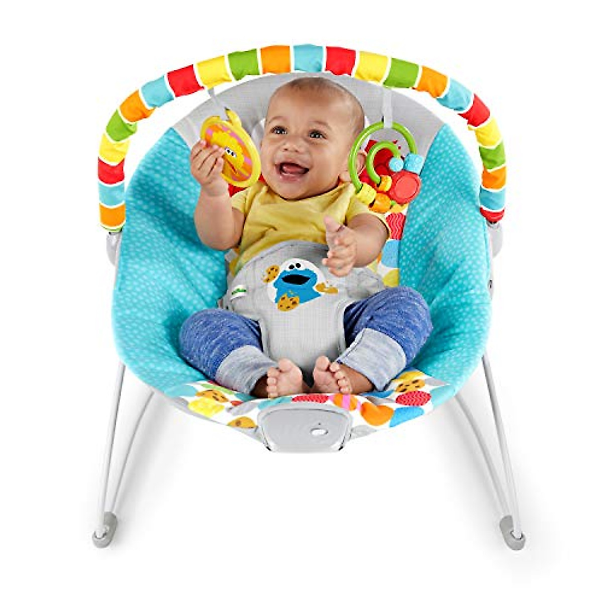 Bright Starts Sesame Street Baby Bouncer Soothing Vibrations Infant Seat - I Spot Elmo! with Cookie Monster and Big Bird - Removable-Toy Bar, 0-6 Months Up to 20 lbs