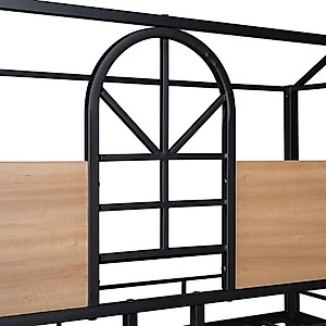TURRIDU Twin Over Twin Size House Shape Bunk Bed, Modern Metal Housebed with Slide, Metal Slats, Safety Fence and Ladder, Window Pattern Design, Space-Saving, Easy Assembly, (Black with Black Slide)