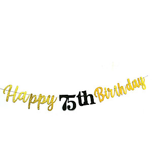 Glitter Happy 75th Birthday Banner, Black and Gold Happy 75th Birthday Banner Sign, 75th Birthday Party Decorations Supplies Pre - Strung (Black)