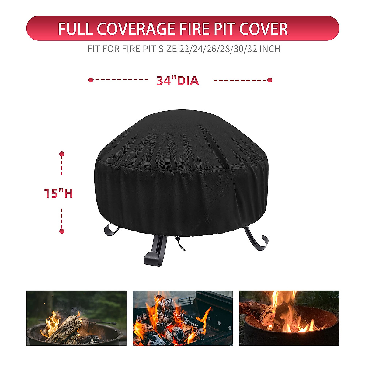 WLEAFJ Fire Pit Cover Round for Fire Pit 22 Inch – 34 Inch, 420D Heavy Duty Oxford Fabric Firepit Cover Round, Full Coverage Patio Outdoor Fireplace Cover, Waterproof Fire Bowl Cover