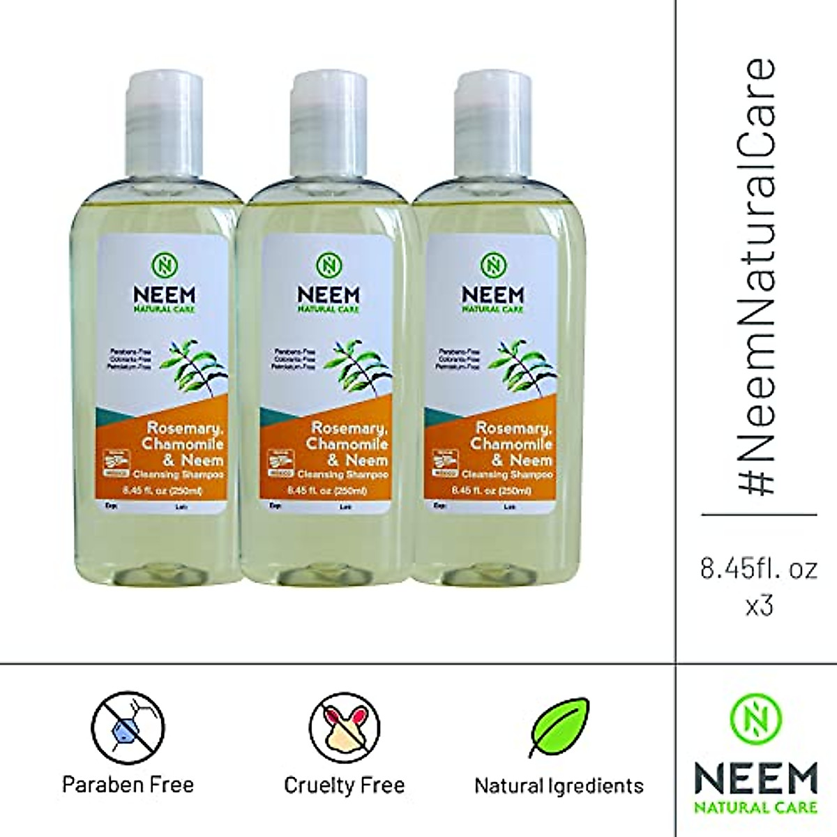 N NEEM NATURAL CARE | Pack of 3 Shampoo with Rosemary, Chamomile & Neem 8.45 oz
