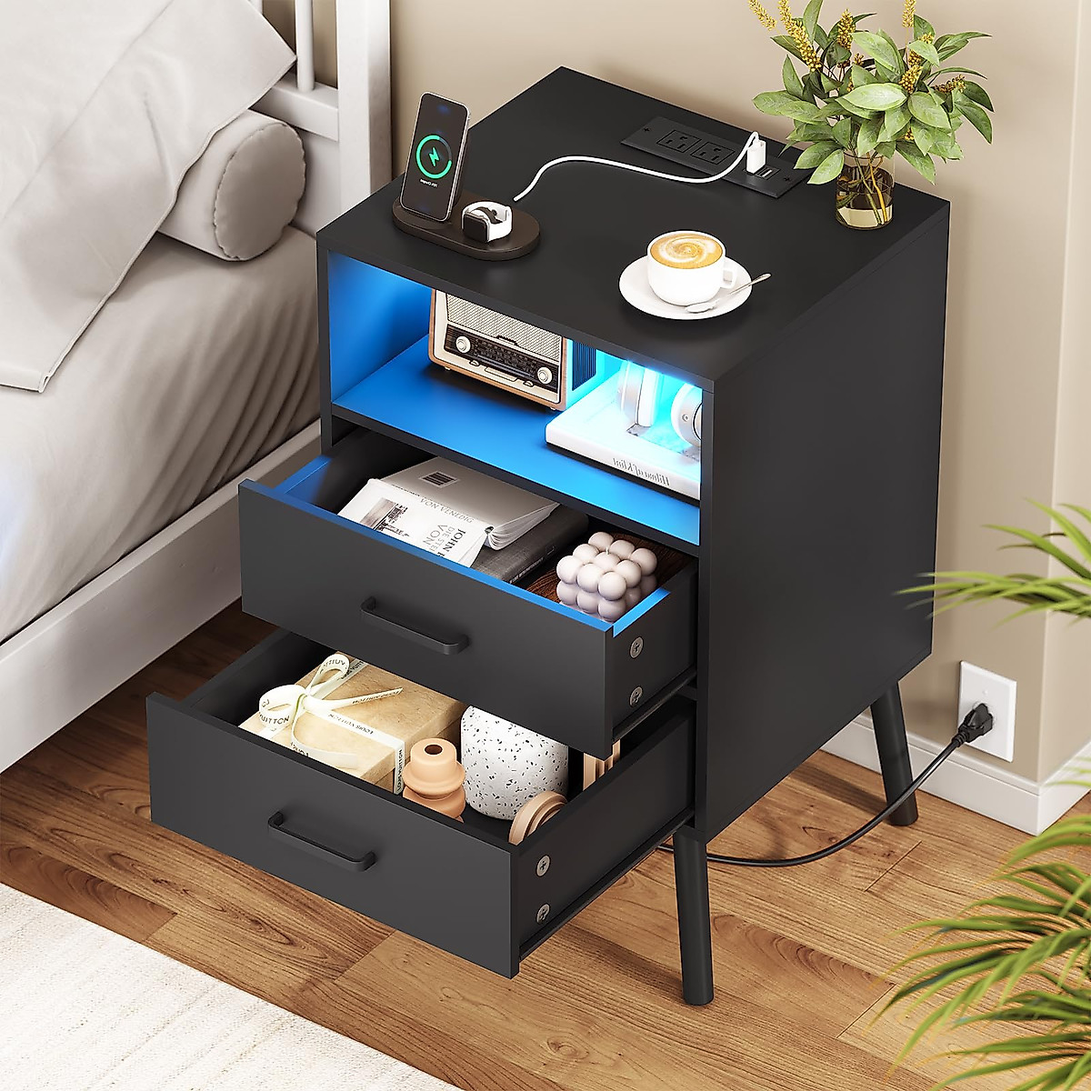 Diliplain Nightstand with Charging Station, Black Night Stand with LED Lights, Modern Side Table with Drawers and Open Shelf, End Table with Solid Wood Legs for Bedroom
