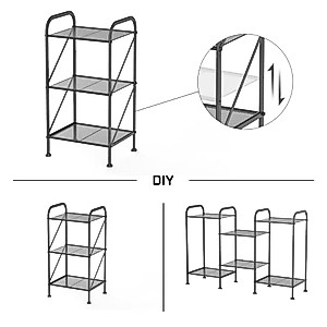 DMplus 3-Tier Storage Rack, Industrial Style Extendable Plant Stand with Adjustable Shelf, Standing Shelf Units for Kitchen, Bathroom, Office, Living Room, Balcony, Kitchen, Charcoal Black SSR01B